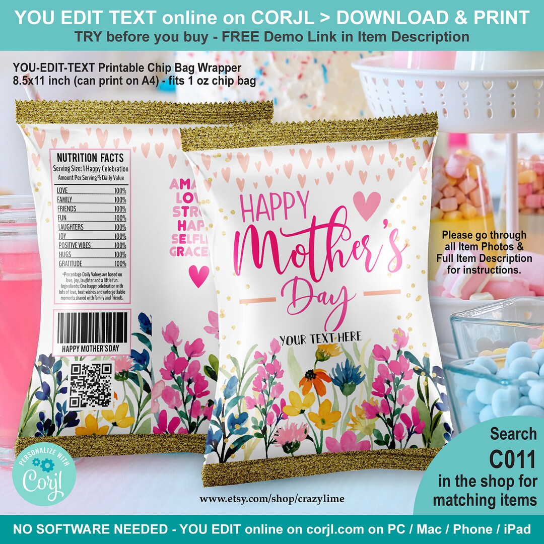 EDITABLE Happy Mother's Day Chip Bag Wrapper Template. Pink Floral Rose ...