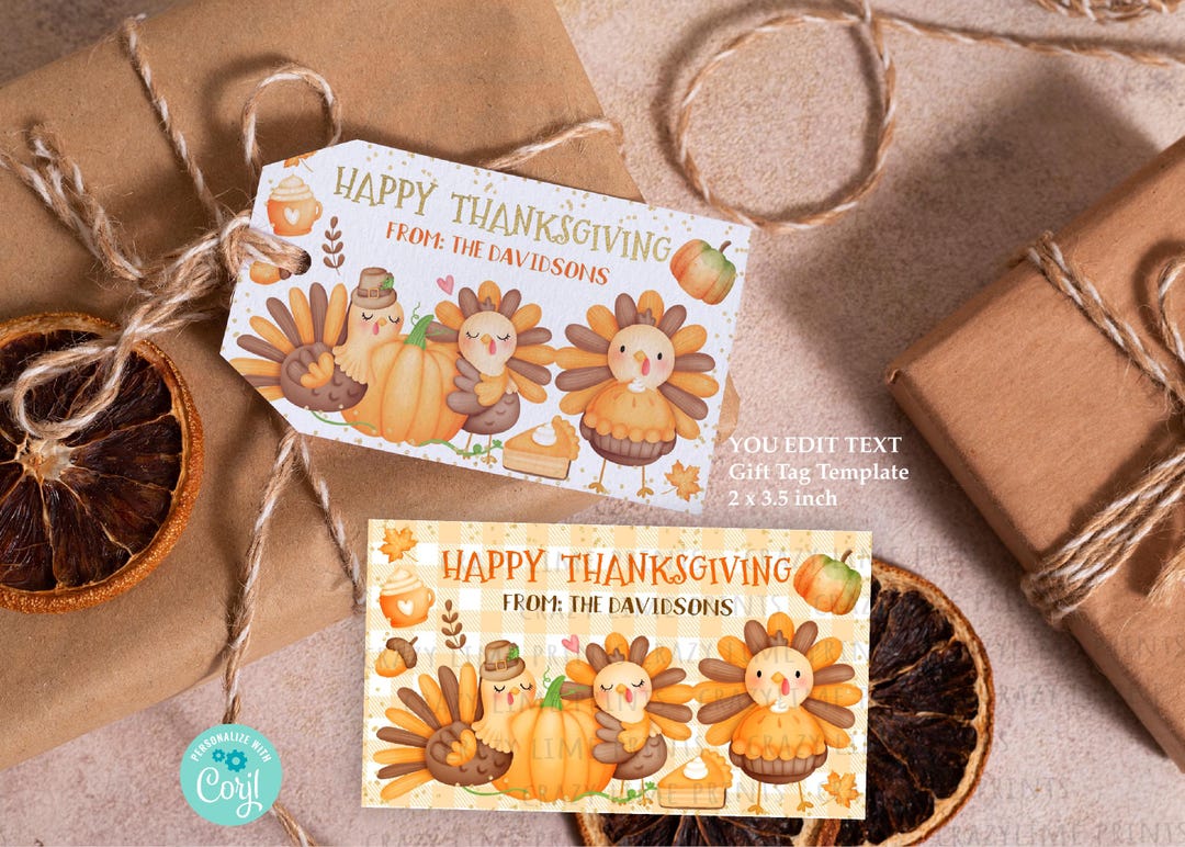 EDITABLE Happy Thanksgiving Gift Tag. Cute Turkey Kid Party Treat Label ...