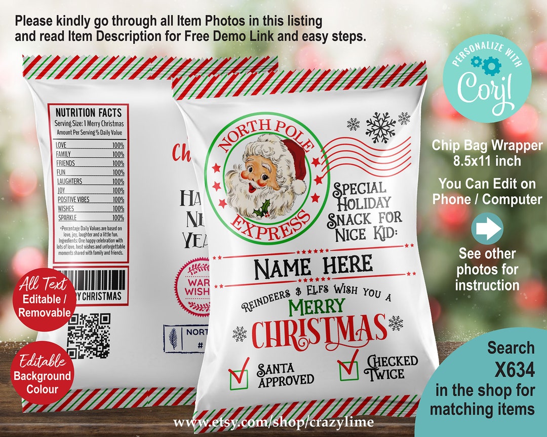 EDITABLE Christmas Chip Bag Wrapper Template. North Pole Santa Office ...
