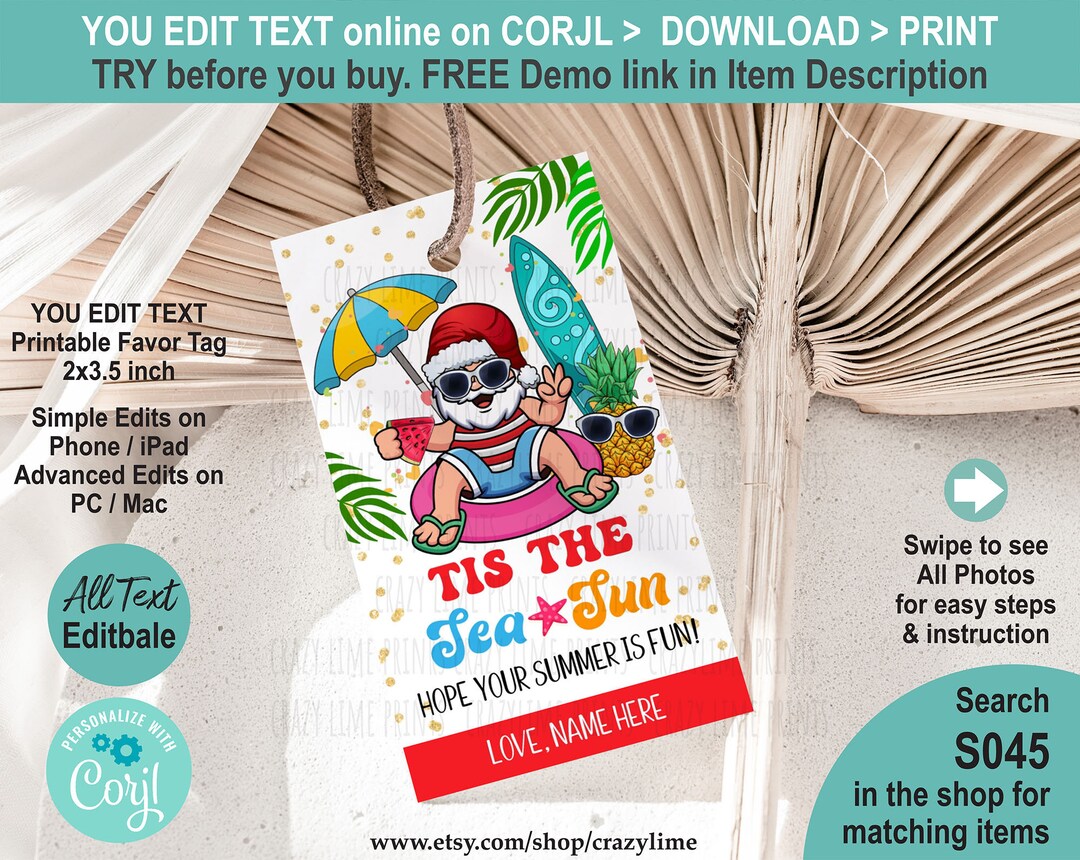 EDITABLE Christmas in July Santa Gift Tag. Tis the Sea Sun. Summer ...