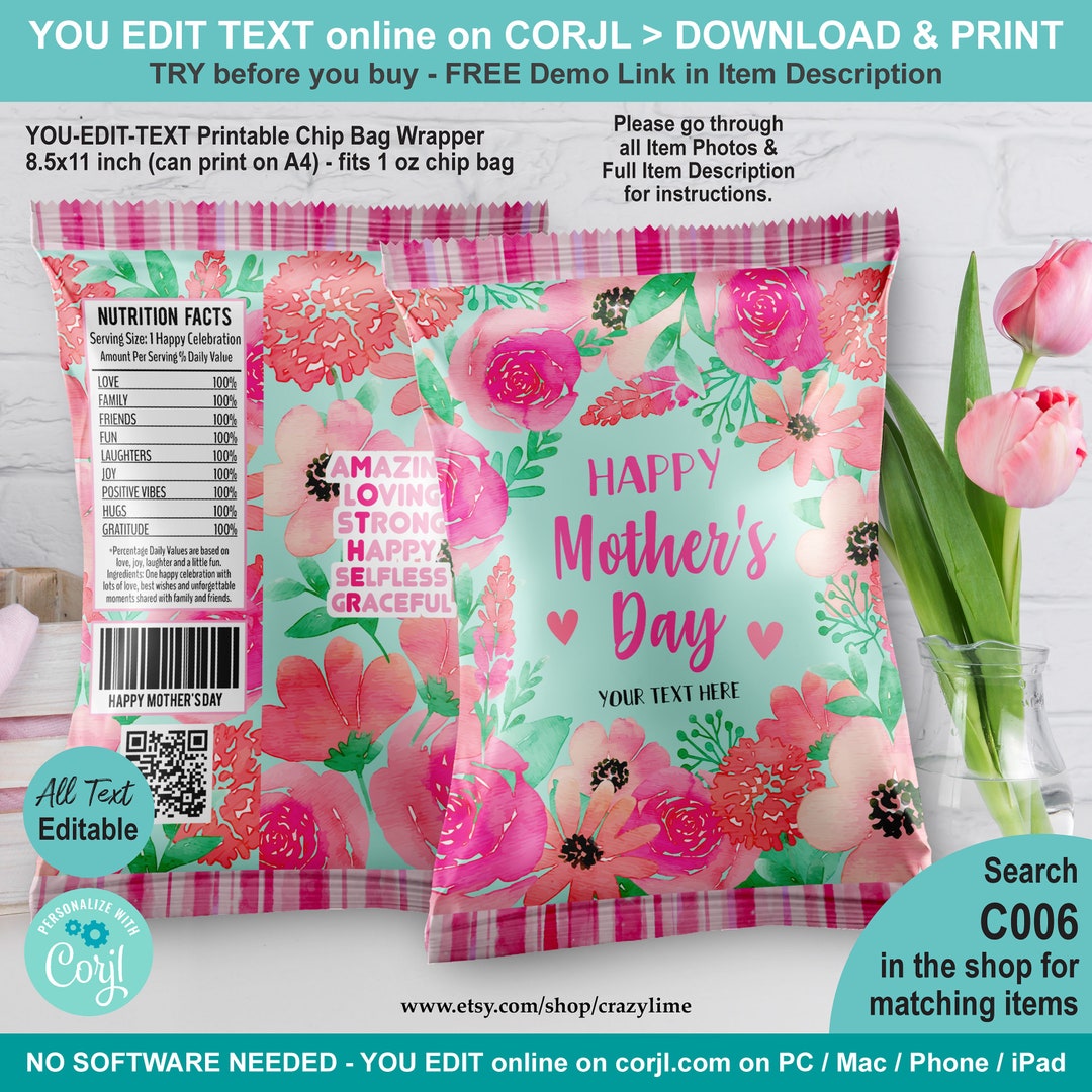 EDITABLE Happy Mothers Day Chip Bag Wrapper Template. Pink Floral Rose ...