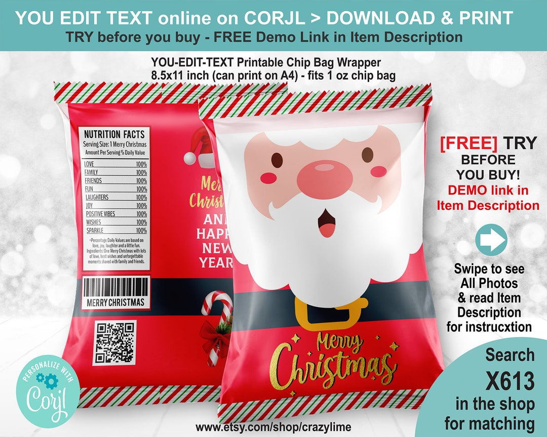 EDITABLE Santa Claus Christmas Chip Bag Wrapper Template. Personalised ...