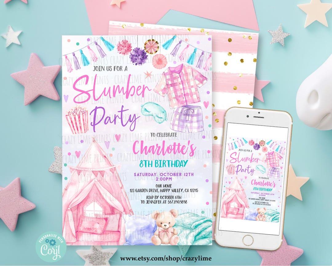 Slumber Birthday Party Invitation. Girl Sleepover Pajama EDITABLE ...