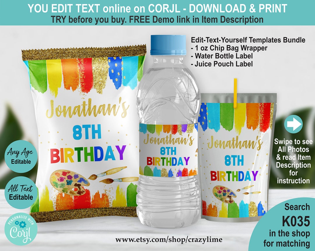 EDITABLE Art Birthday Party Favors Bundle Set of 3 Templates. Chip Bag ...