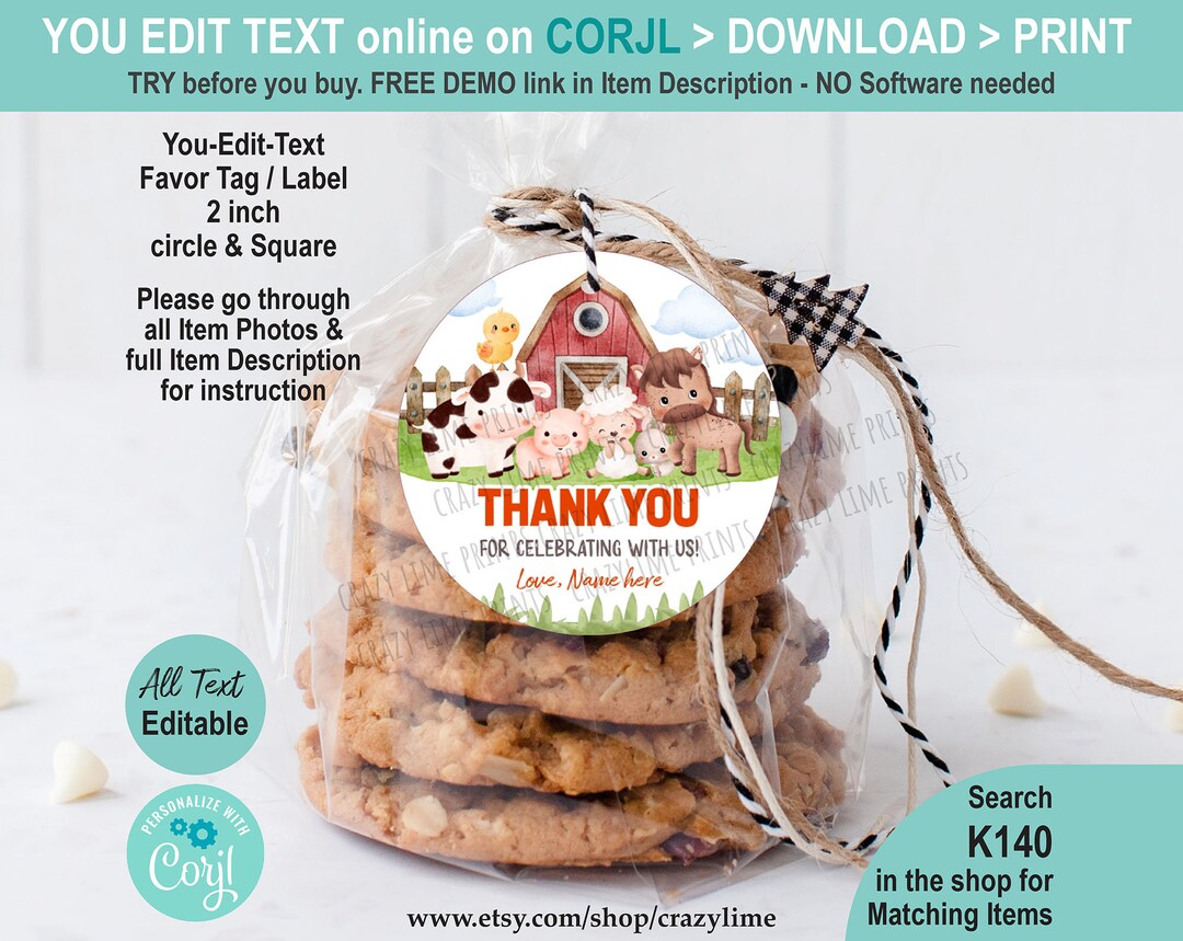 EDITABLE Farm Animals Party Favor Gift Tag. Round Label Goody Sticker ...