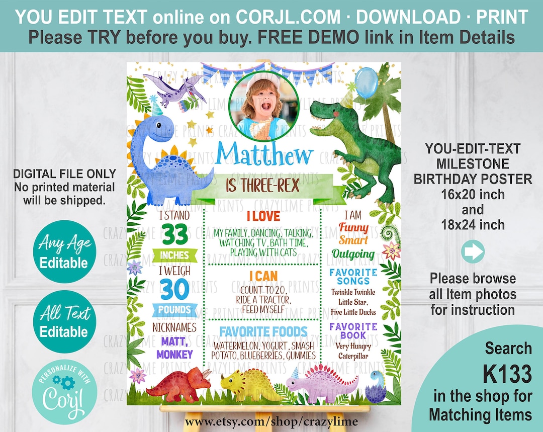 EDITABLE Dinosaur Birthday Milestone Poster With Photo Editable ...