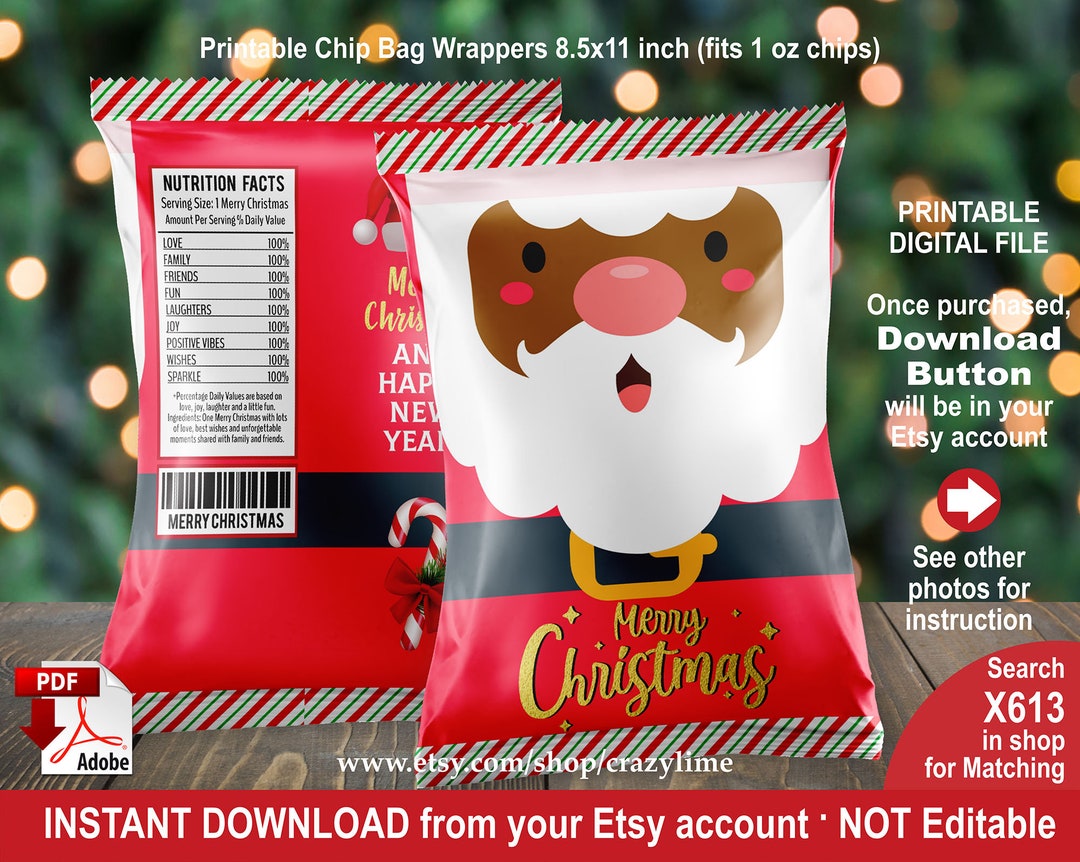 Christmas Santa Claus Chip Bag Wrapper. Printable Holiday Party Favors ...
