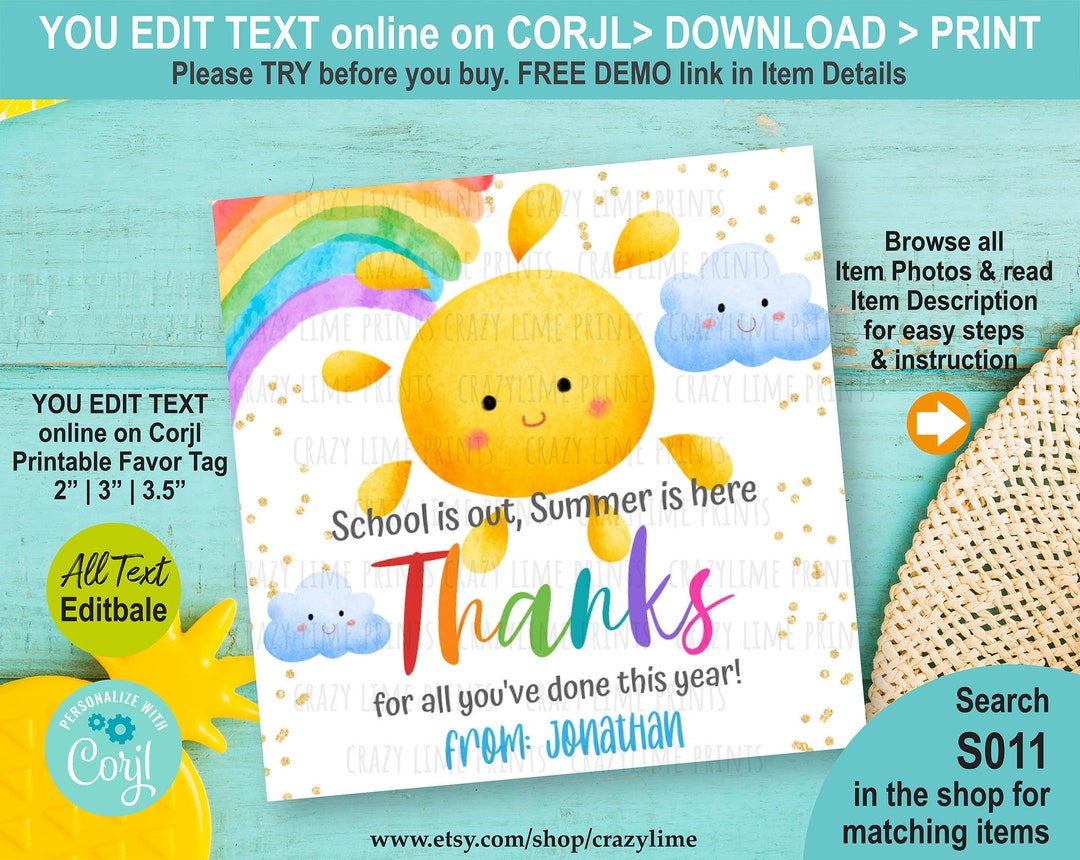 EDITABLE Sun Teacher Appreciation Thank You Gift Tag. Sunshine School ...