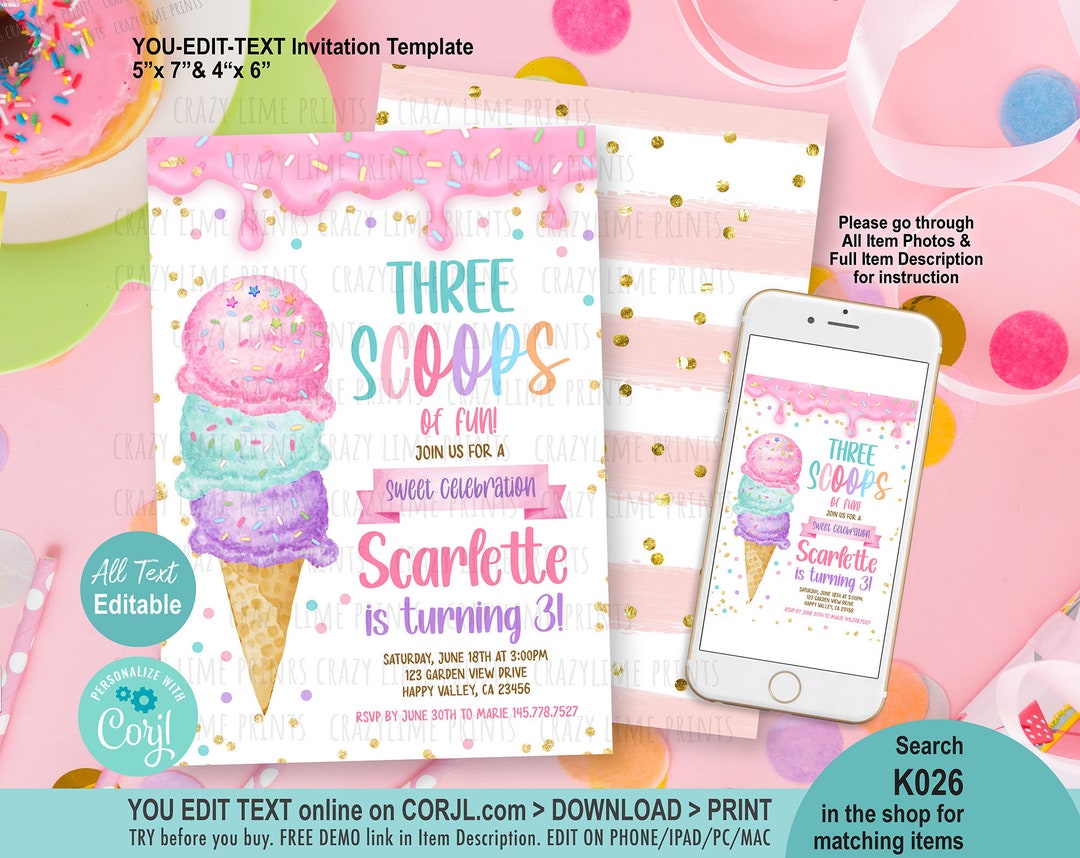 EDITABLE Ice Cream Three Scoops of Fun 3rd Birthday Invitation. Girl Pink Ice-cream 3rd Birthday ...