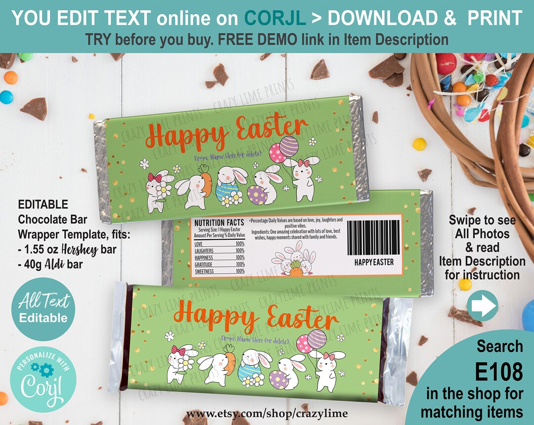 EDITABLE Easter Bunny Chocolate Candy Bar Wrapper Personalised Template ...