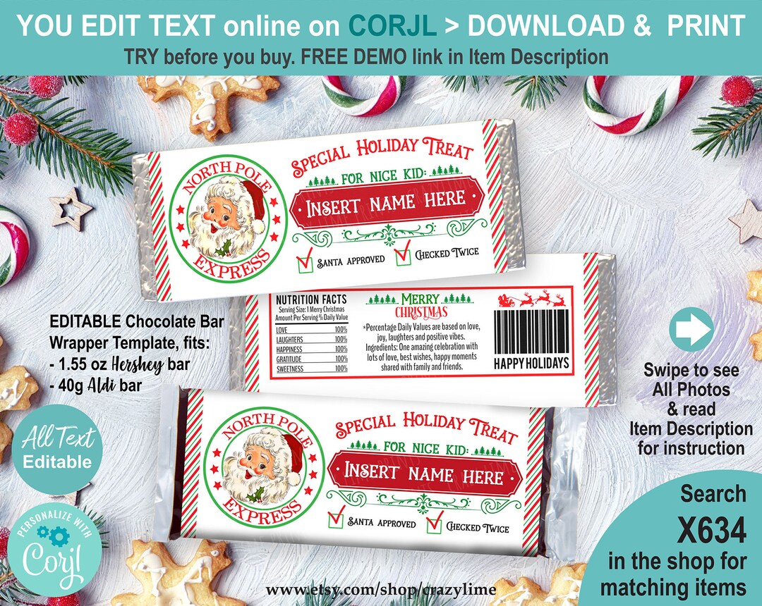 EDITABLE Santa Chocolate Candy Bar Wrapper Personalised Template. North ...