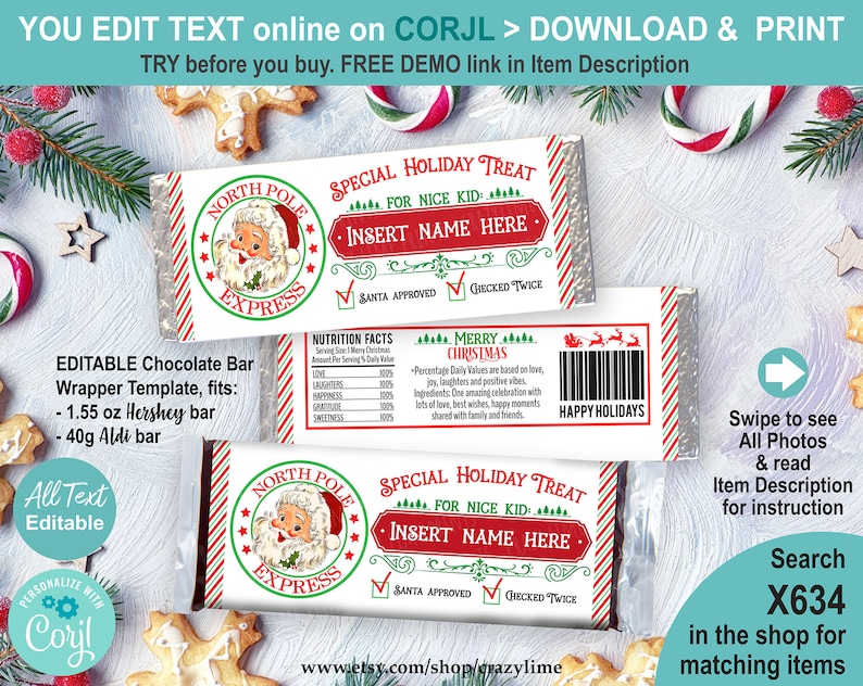 EDITABLE Santa Chocolate Candy Bar Wrapper Personalised - Etsy