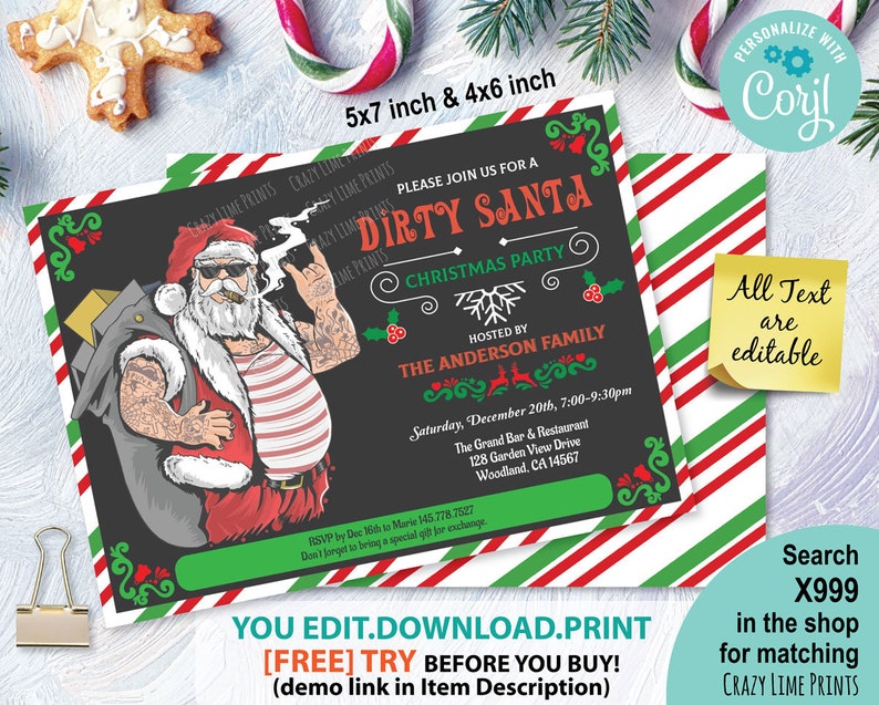 Dirty Santa Christmas Party Invitation EDITABLE Invite Etsy