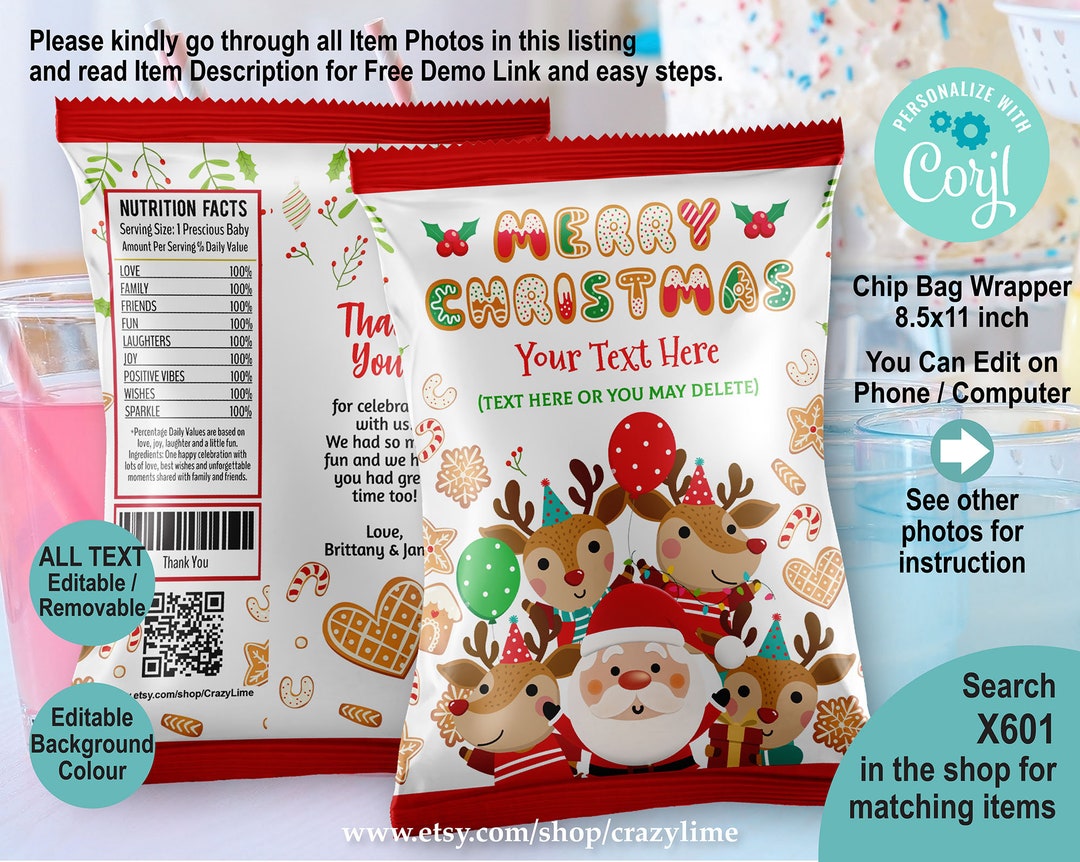 Christmas Chip Bag Wrapper EDITABLE Template. Personalised Party Favors ...