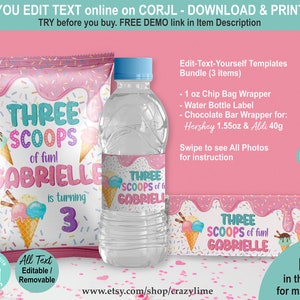 EDITABLE Icecream 3 Scoops of Fun 3rd Birthday Party Favors Bundle Set ...