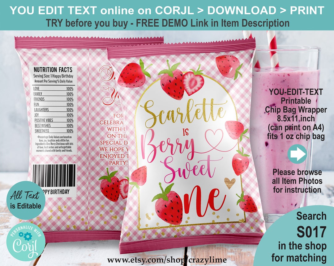 EDITABLE Strawberry Berry Sweet One 1st Birthday Party Chip Bag Wrapper ...