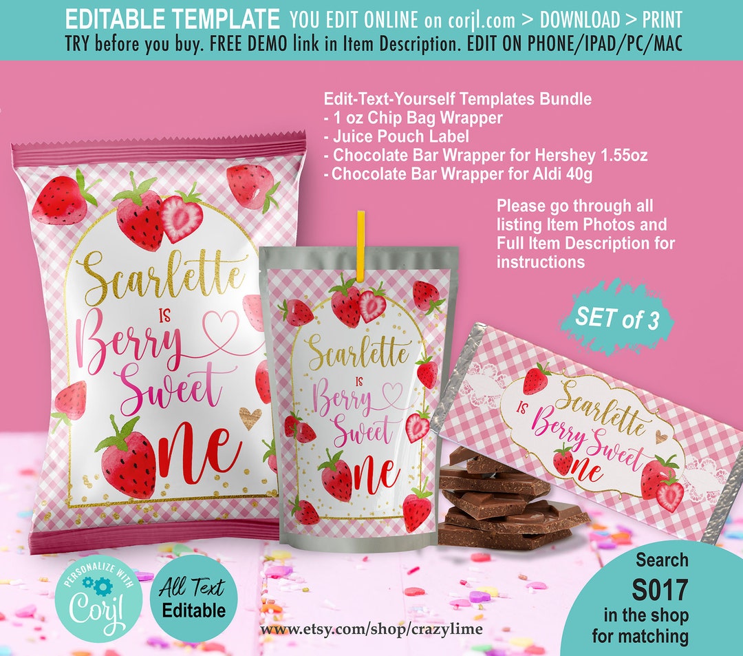EDITABLE Strawberry Berry Sweet One 1st Birthday Party Favors Bundle ...