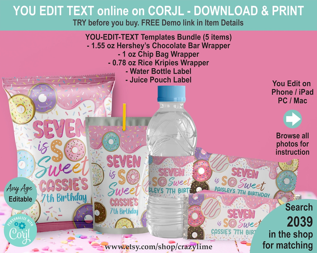 EDITABLE Donut Sweet 7th Birthday Party Favors Bundle of 5 Templates ...