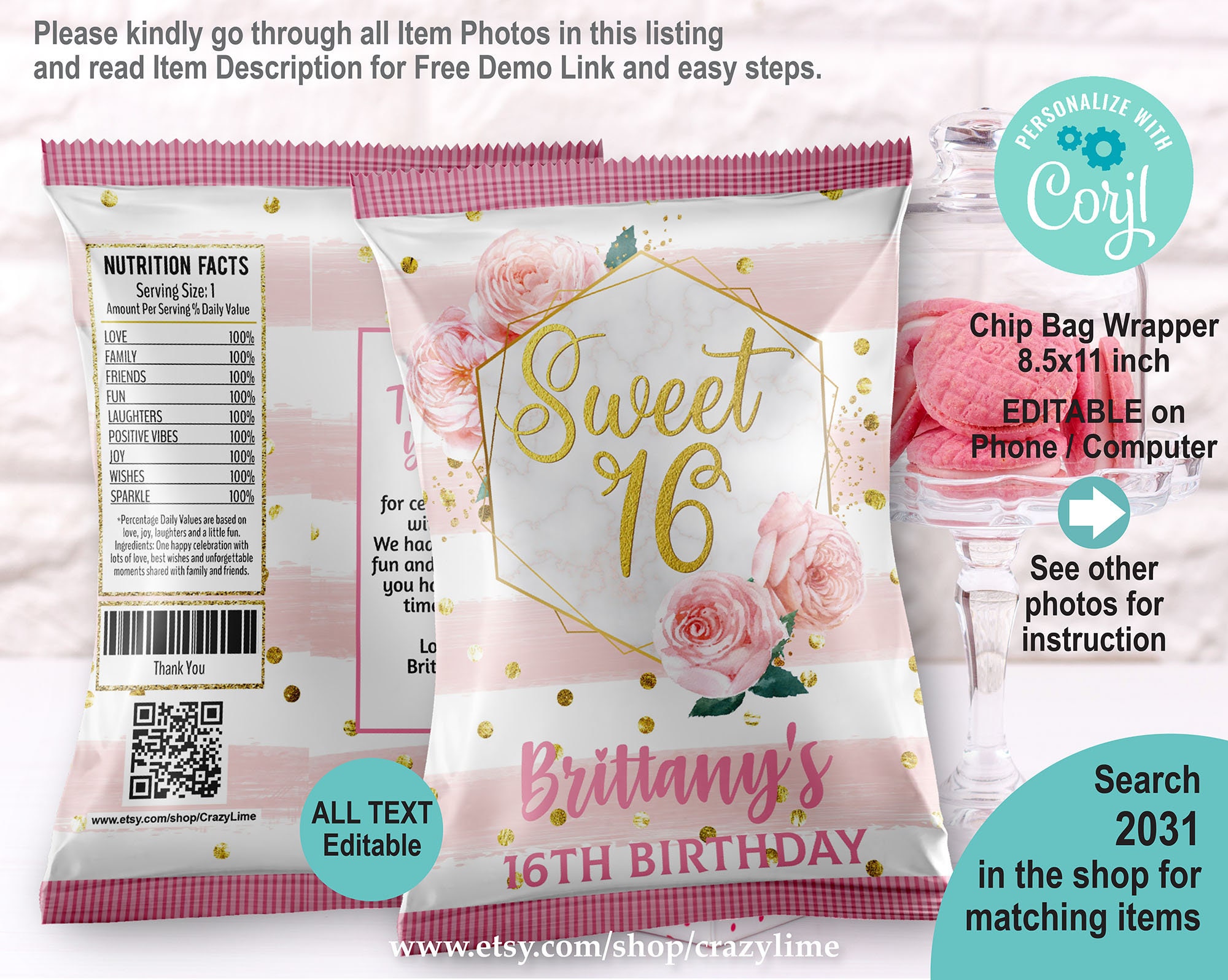 EDITABLE Sweet Sixteen 16 Chip Bag Template. Personalised Pink - Etsy