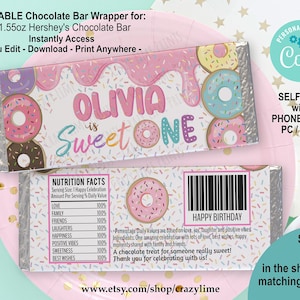 EDITABLE Donut Sweet One Birthday Chocolate Candy Bar Wrapper ...