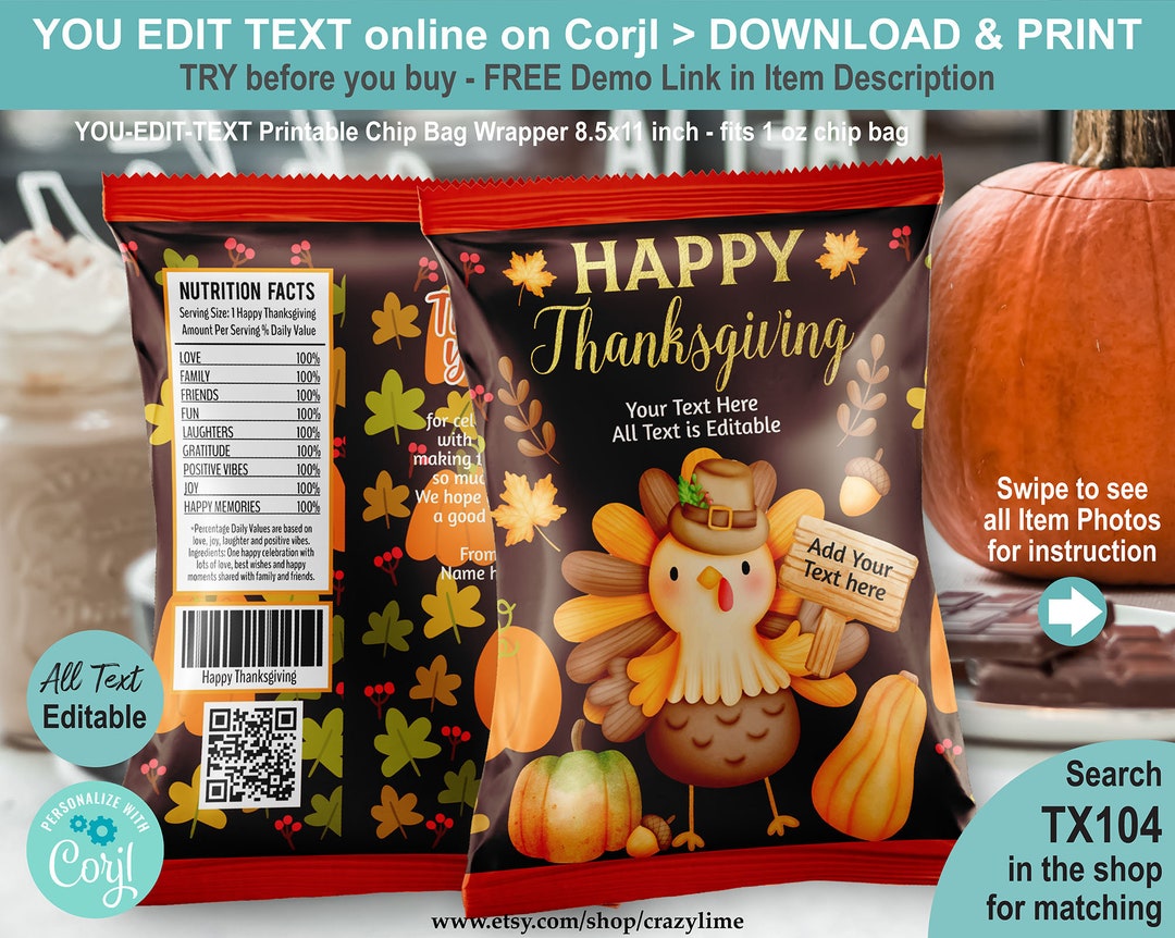 EDITABLE Thanksgiving Chip Bag Wrapper Printable Template. Cute Turkey ...