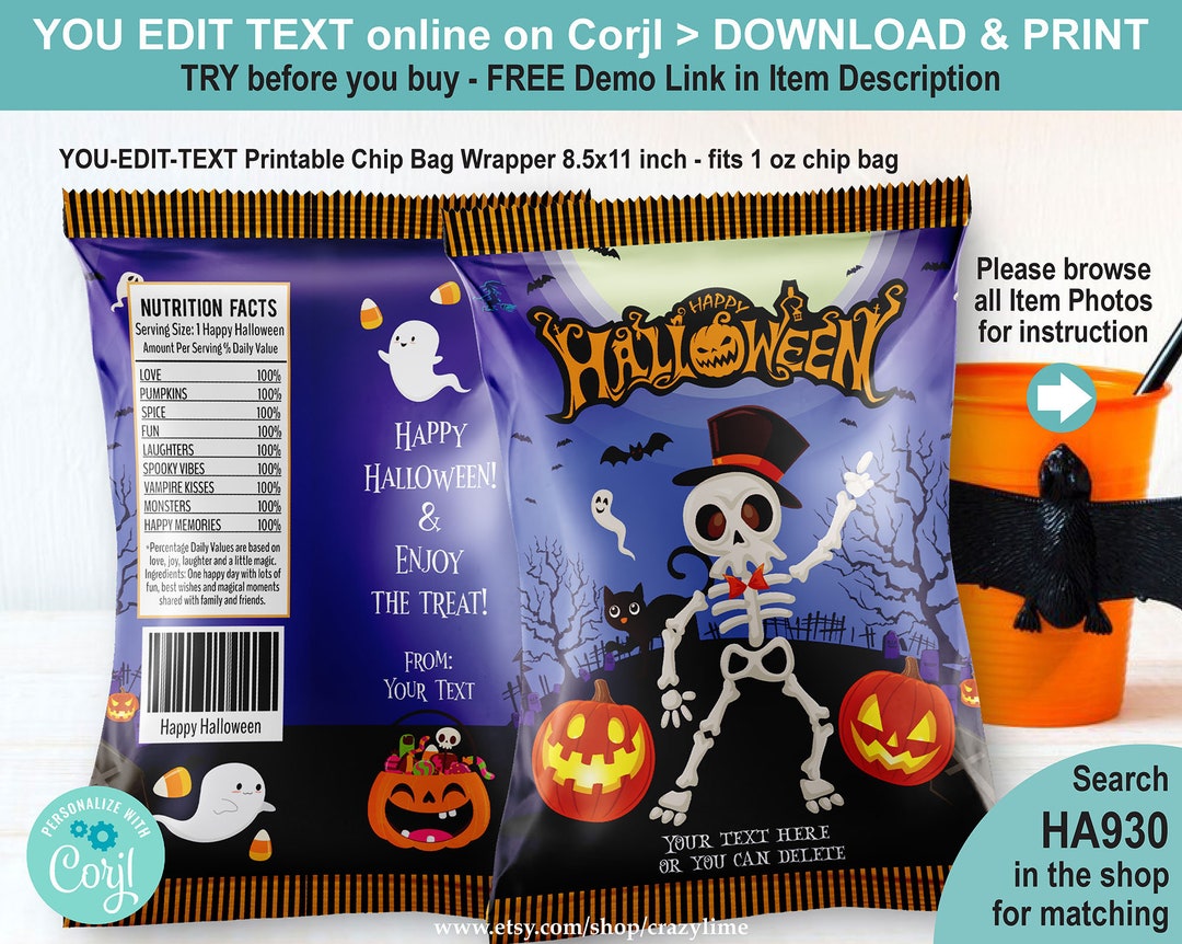 EDITABLE Halloween Chip Bag Template. Personalised Name Text Kid Party ...
