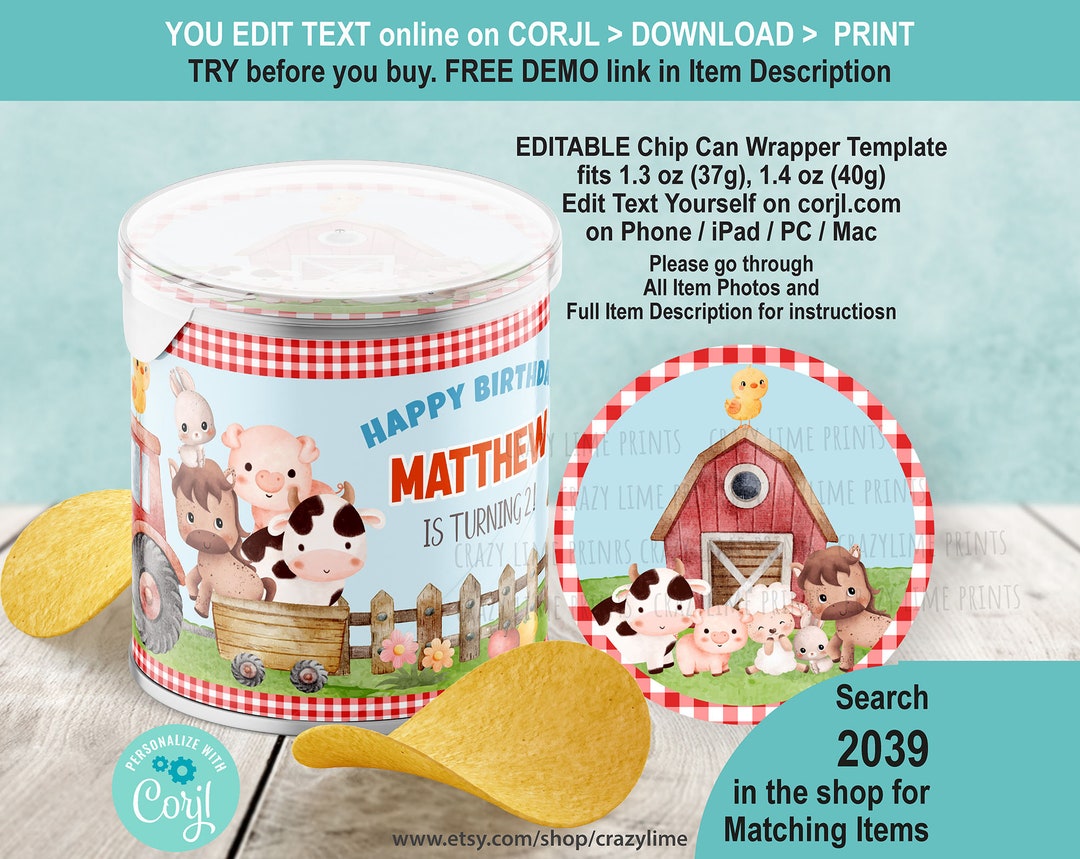EDITABLE Farm House Animals Chip Can Wrapper Digital Template. Cute ...