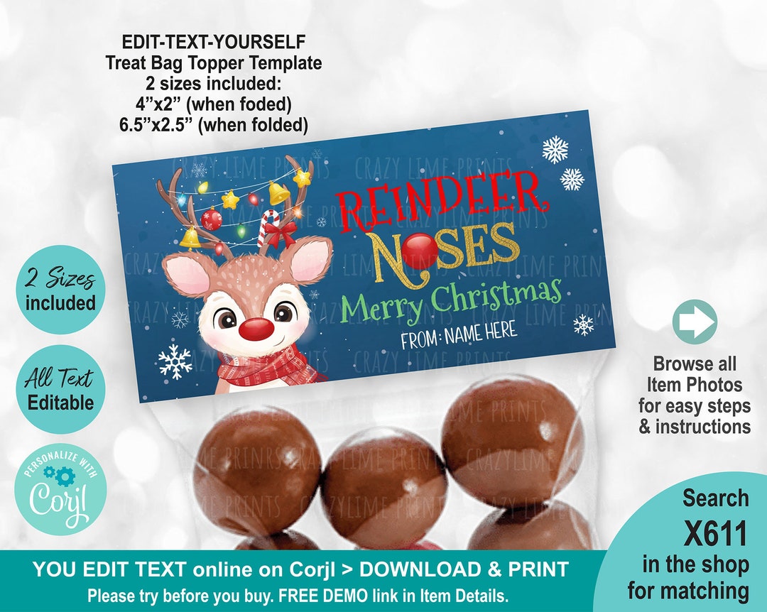EDITABLE Reindeer Noses Treat Bag Topper. Printable Kids Christmas ...