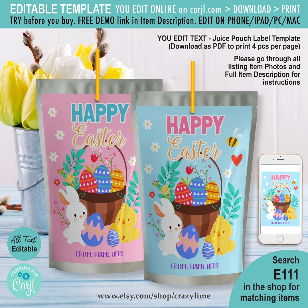 EDITABLE Happy Easter Juice Pouch Label. Printable Template. Bunny ...