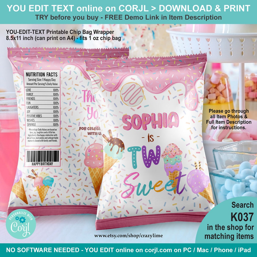 EDITABLE Icecream Two Sweet 2nd Birthday Chip Bag Template ...