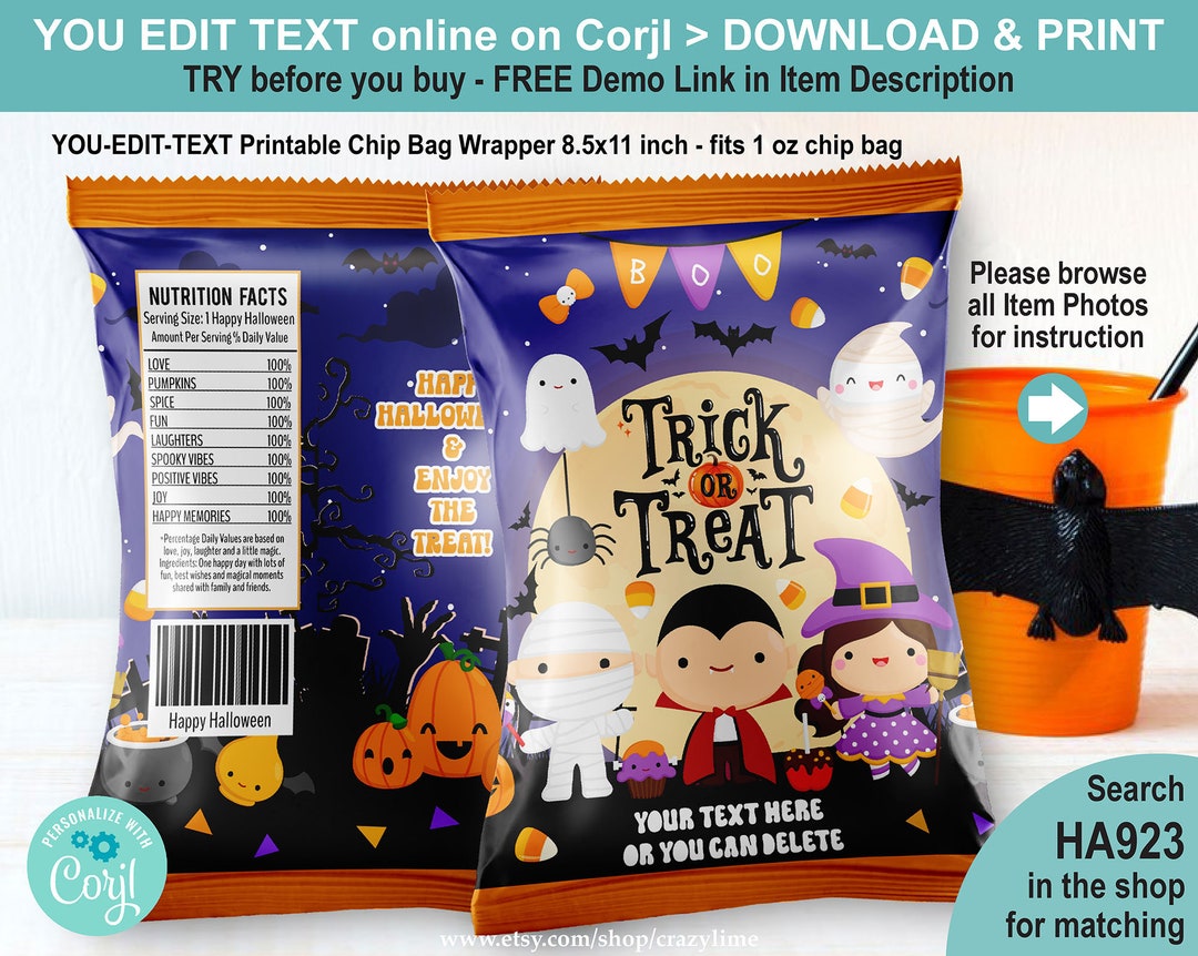 EDITABLE Halloween Characters Chip Bag Template. Personalised Name Cute ...