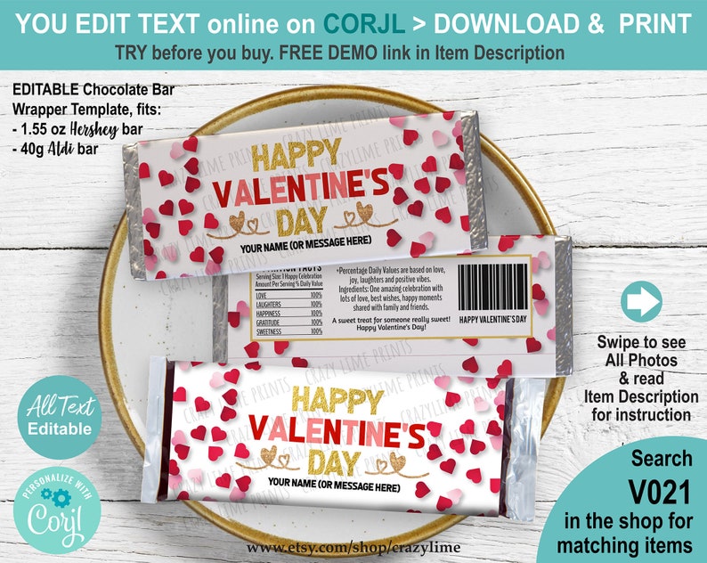 EDITABLE Happy Valentine's Day Chocolate Candy Bar Wrapper - Etsy