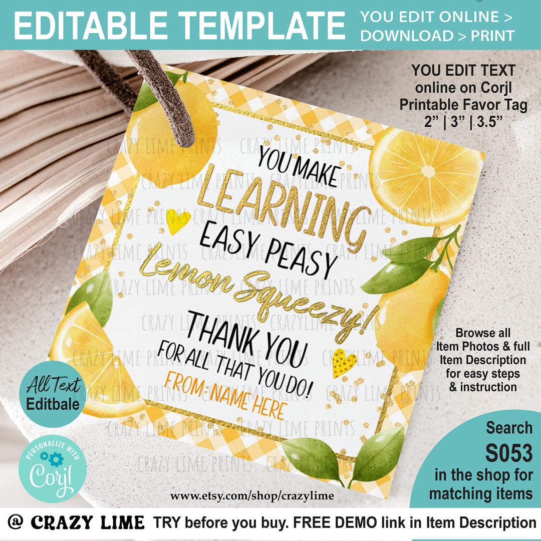 Lemon Lemonade Gift Tag EDITABLE Template. Personalised Name Label. You ...