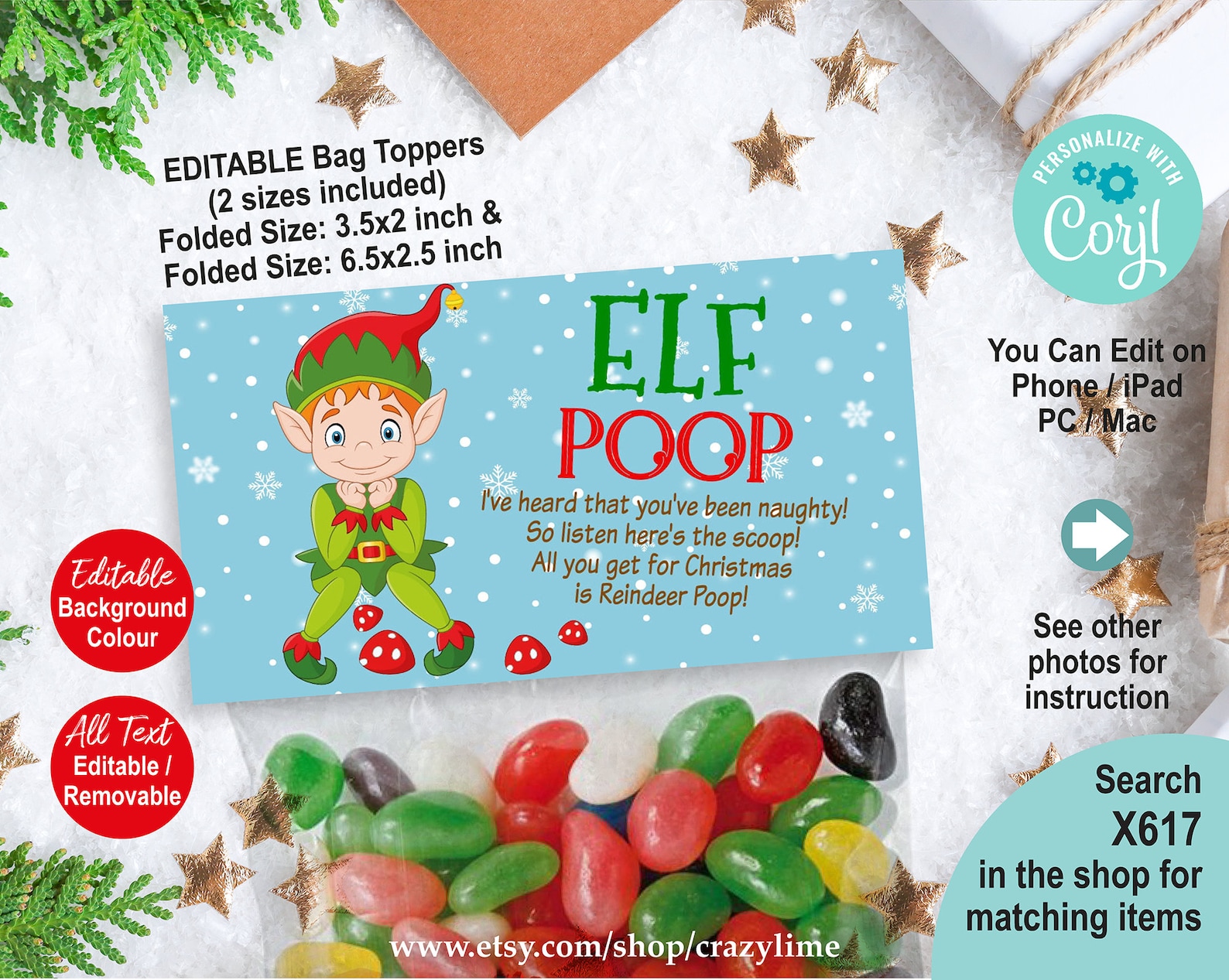 EDITABLE Elf Poop Candy Bag Topper. Printable Kids Christmas | Etsy