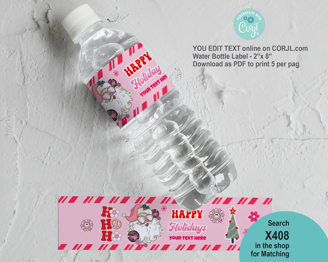 EDITABLE Pink Santa Christmas Water Bottle Label. Kid Girl Holiday ...