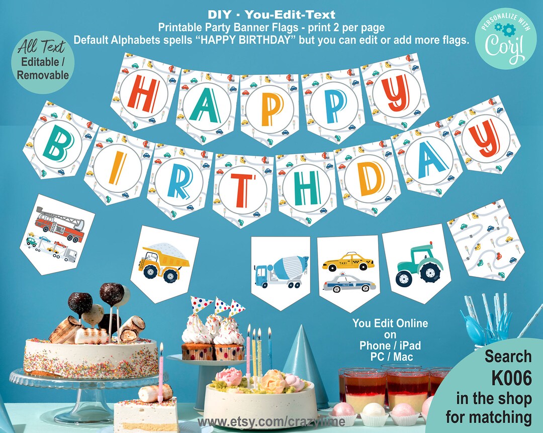 EDITABLE Transportation Happy Birthday Party Banner. Kid Boy Cars and ...