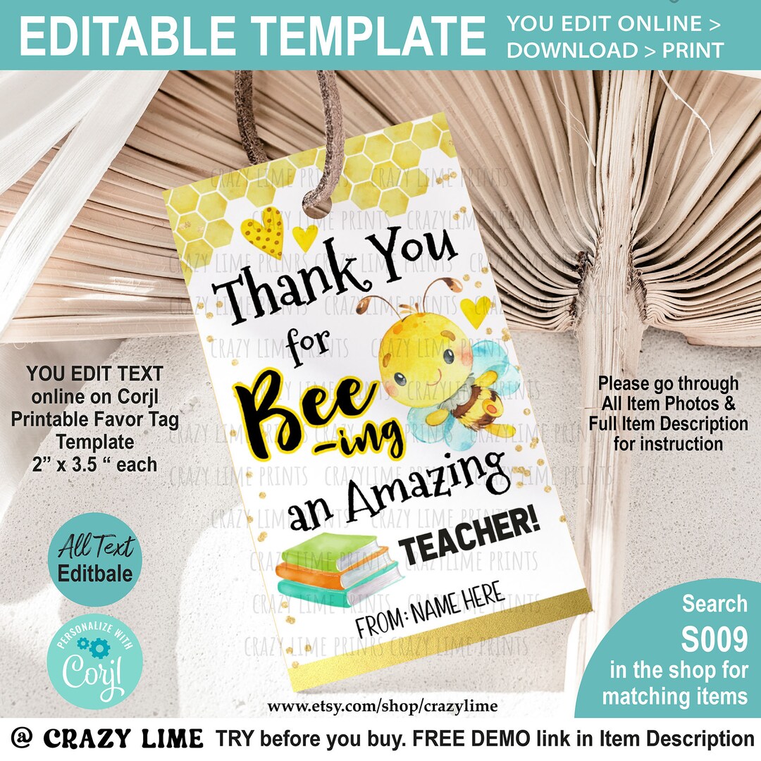 EDITABLE Honey Bee School Teacher Appreciation Gift Tag. Rectangular ...
