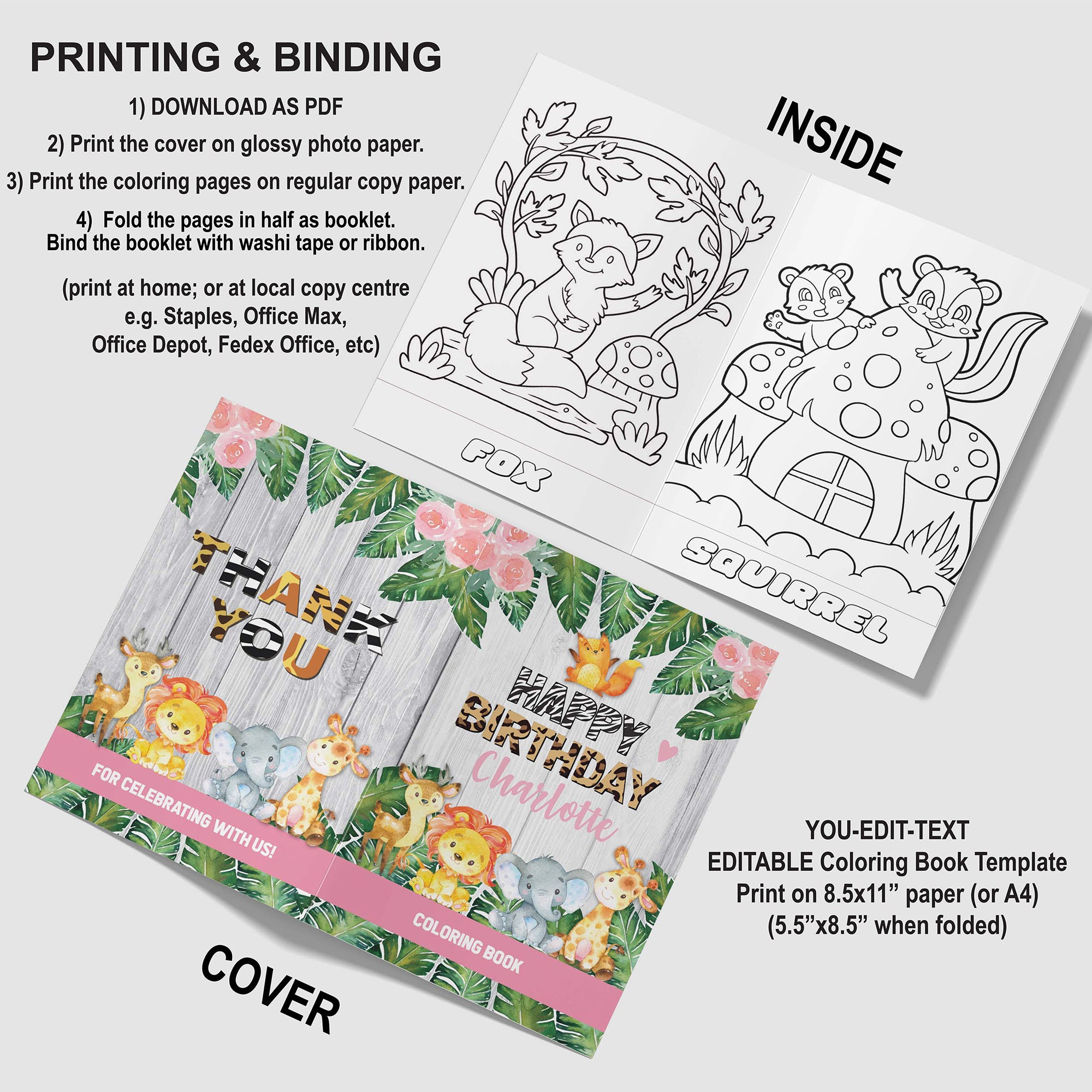 EDITABLE Girl Safari Animals Coloring Book. Pink Kid Birthday Party ...