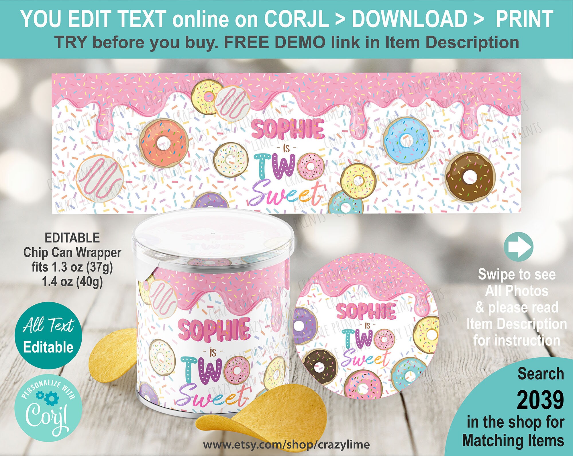 EDITABLE Donut Two Sweet Chip Can Wrapper Digital Template. - Etsy