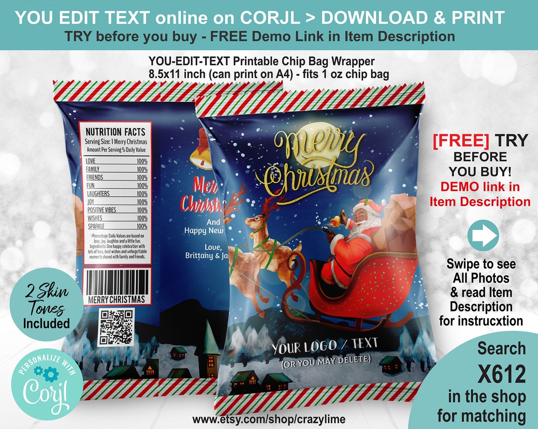 EDITABLE Vintage African Santa Chip Bag Wrapper Template. Personalised ...
