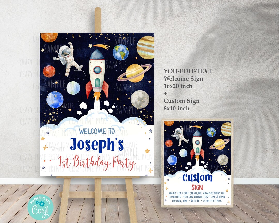 EDITABLE Outer Space Astronaut Party Welcome Sign Rocket Blast off ...