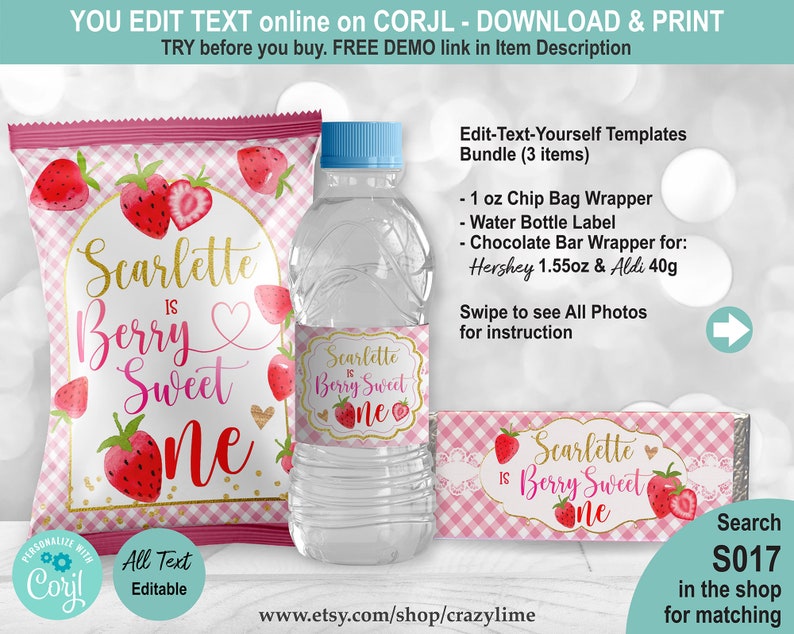 EDITABLE Strawberry Berry Sweet One Party Favors Bundle Set of 3 ...