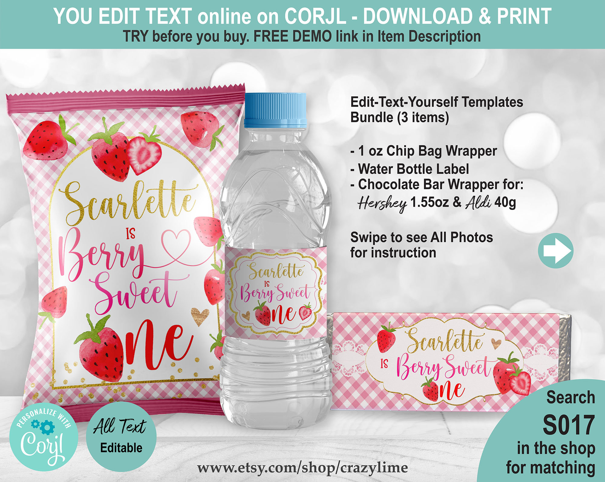EDITABLE Strawberry Berry Sweet One Party Favors Bundle Set of 3 ...