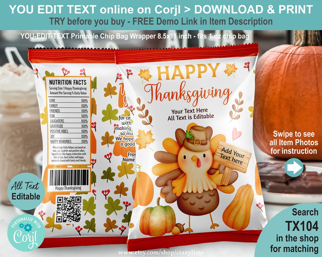 EDITABLE Thanksgiving Chip Bag Wrapper Printable Template. Cute Turkey ...