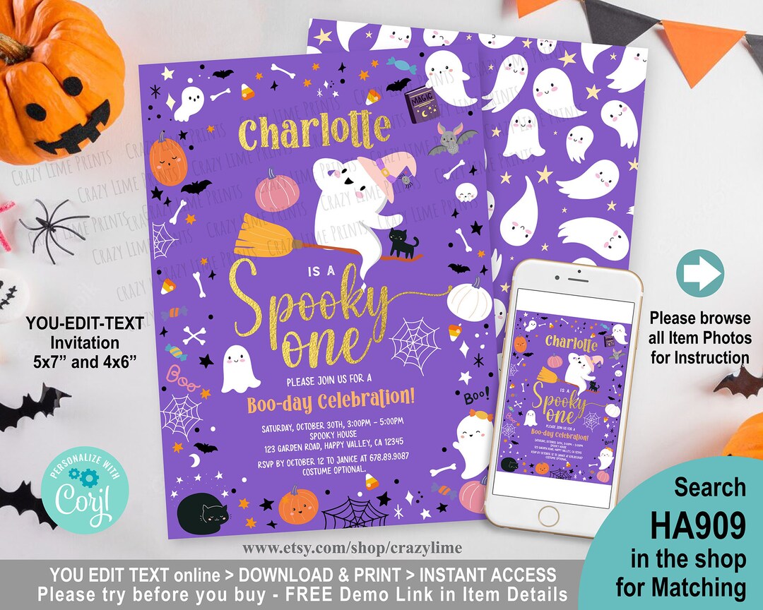 EDITABLE Spooky One Birthday Invitation Template. Girl Halloween Party ...