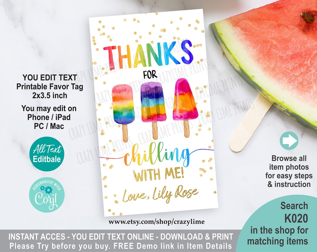 Popsicles Favor Tag EDITABLE Template. Thank You for Chilling With Me ...