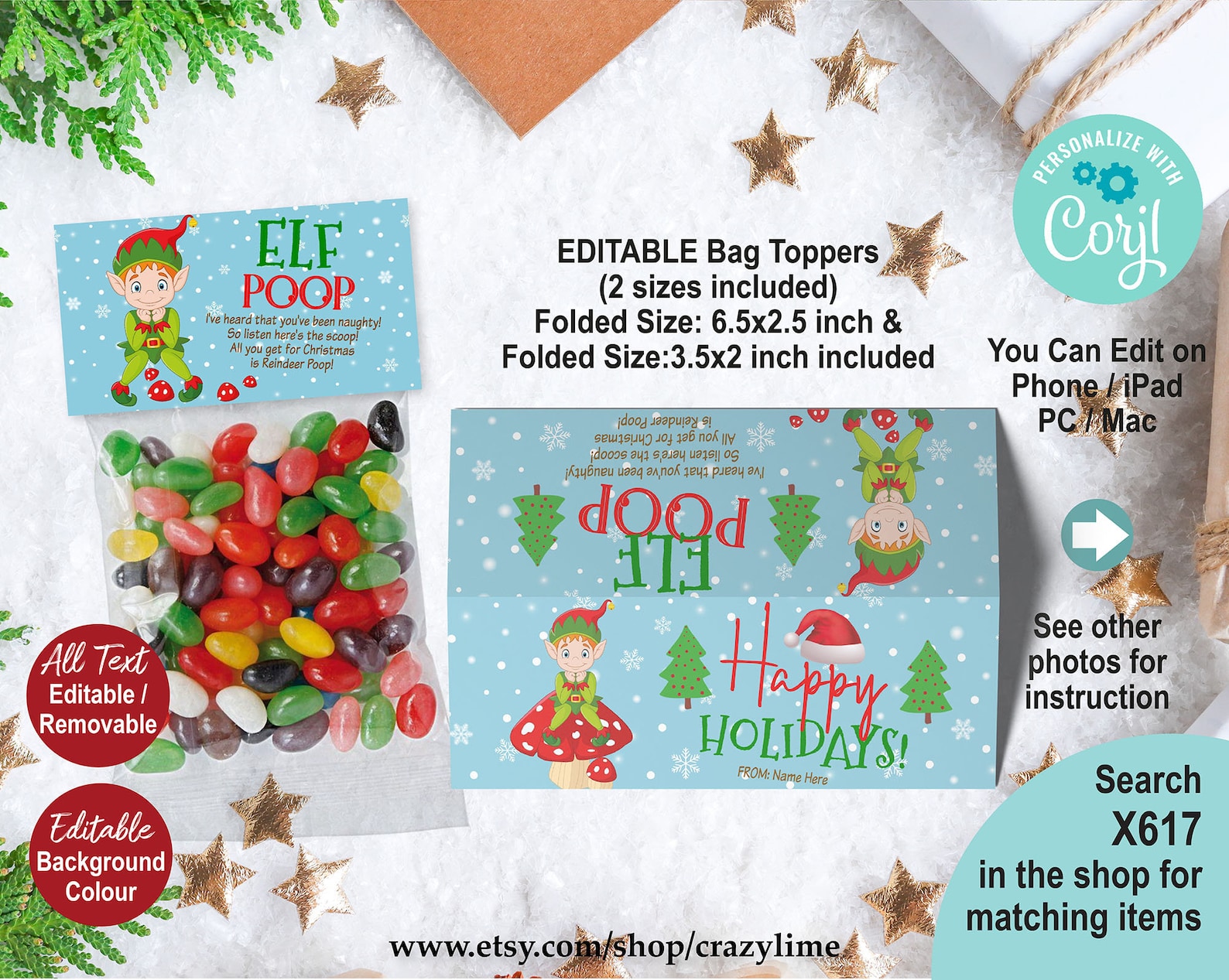 EDITABLE Elf Poop Candy Bag Topper. Printable Kids Christmas | Etsy