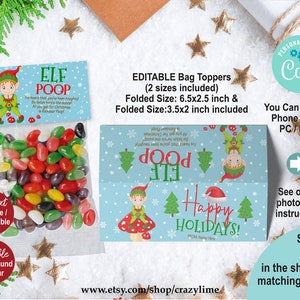 EDITABLE Elf Poop Candy Bag Topper. Printable Kids Christmas Party ...