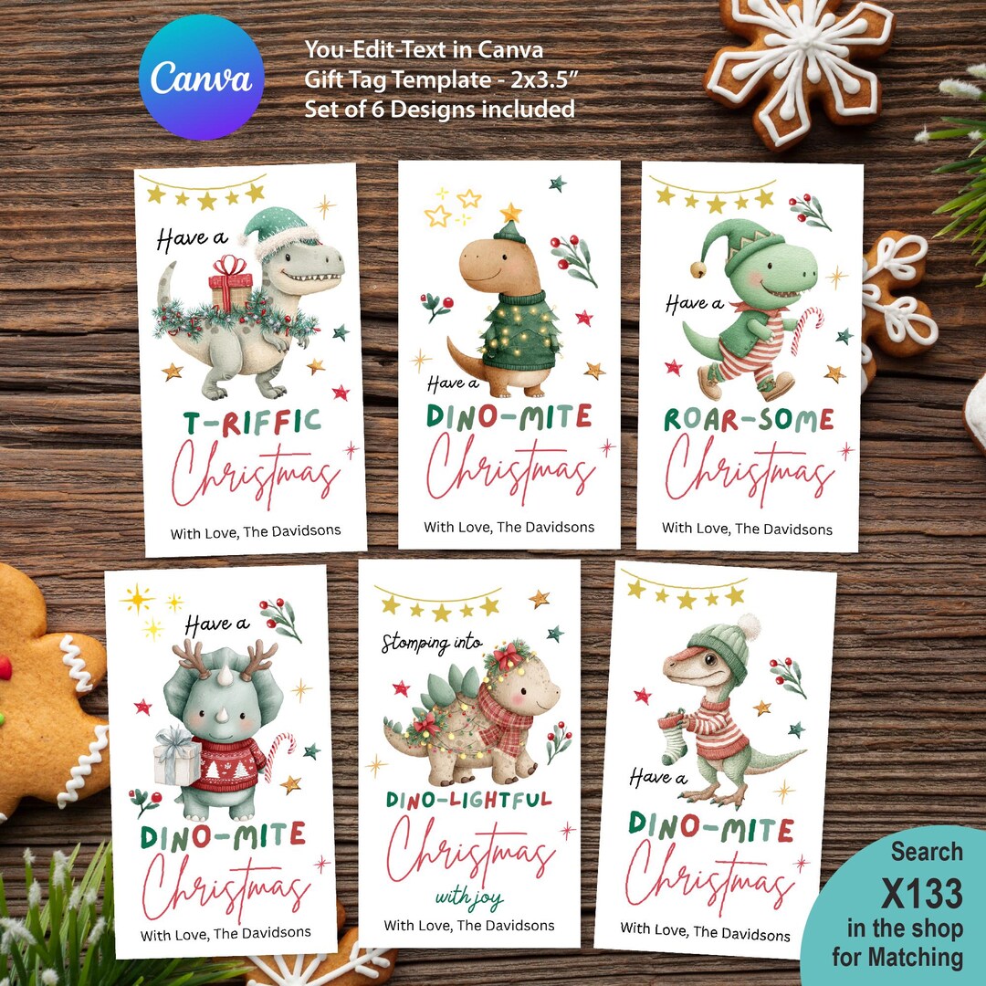 EDITABLE Christmas Dinosaur Gift Tag. Cute Dino Kid Xmas Holiday Party ...