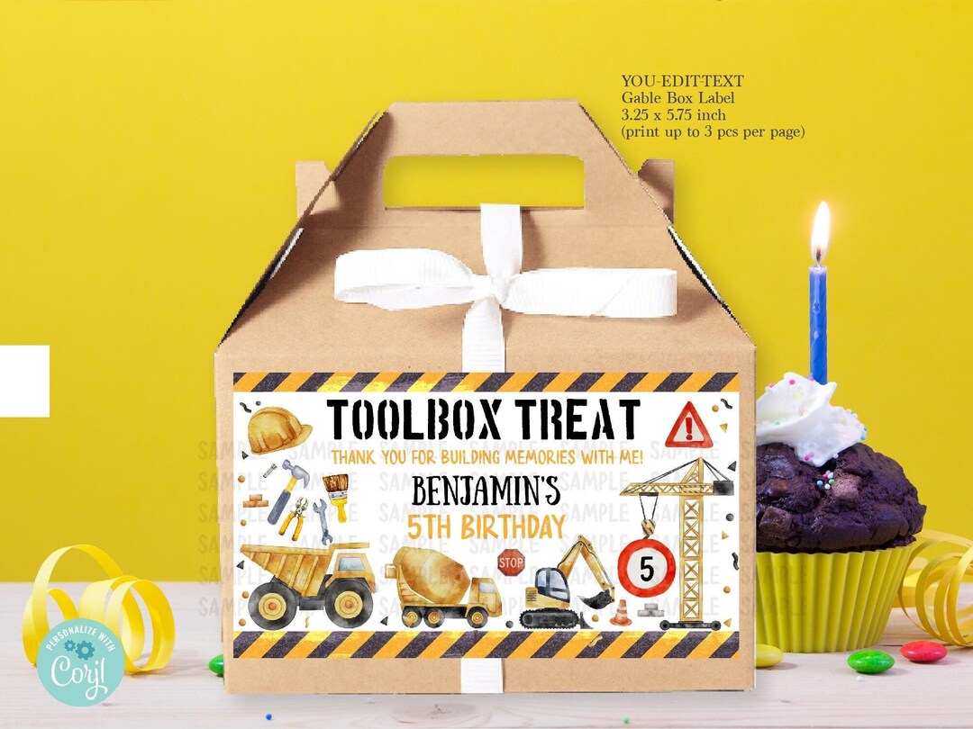 EDITABLE Construction Party Treat Toolbox Label. Printable Goody Gable ...